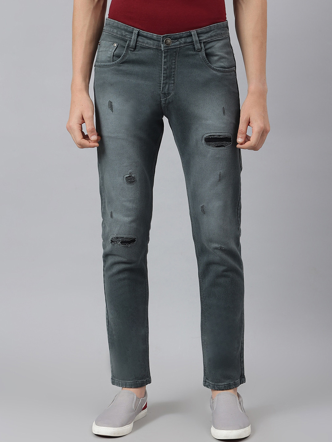 Buy MR BUTTON Men Grey Slim Fit Low Distress Heavy Fade Cotton Jeans ...