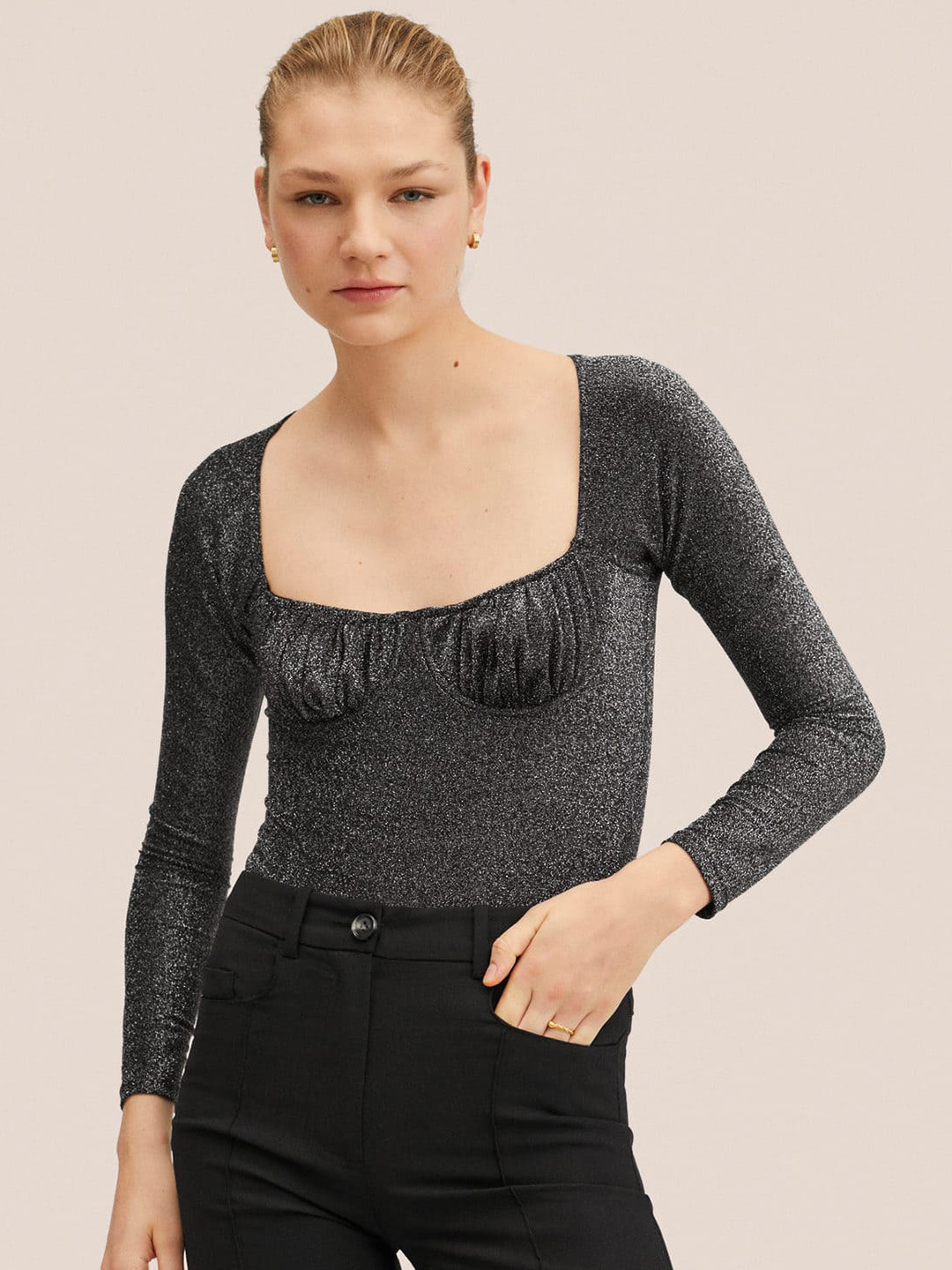 Buy MANGO Women Charcoal Grey Solid Sheen Effect Bodysuit - Bodysuit ...