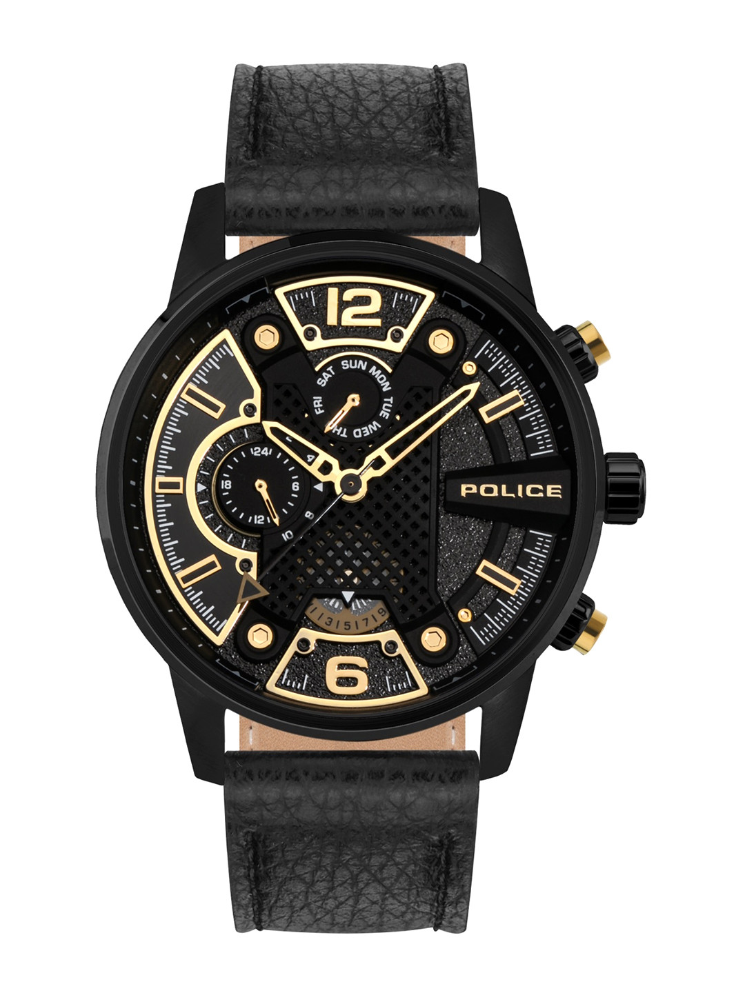 Buy Police Men Black Patterned Dial & Black Leather Straps Analogue ...