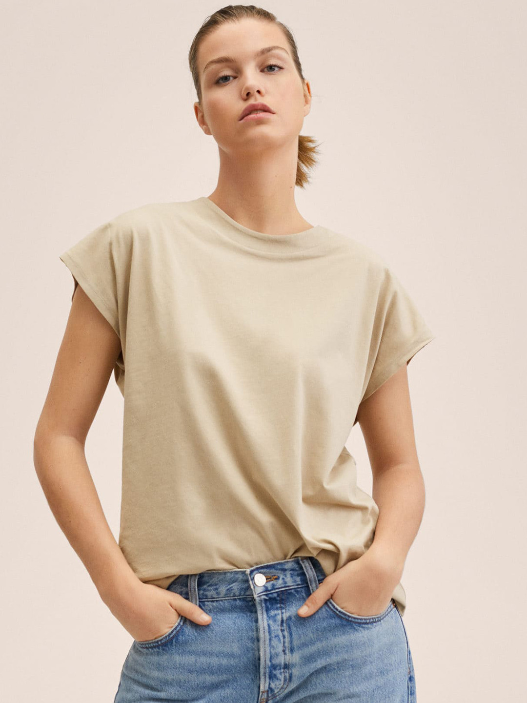 Buy MANGO Women Beige Solid Cotton Extended Sleeves T Shirt - Tshirts ...