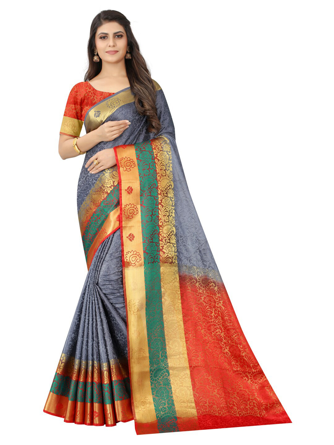 Buy PERFECT WEAR Grey & Red Woven Design Zari Silk Cotton Banarasi ...