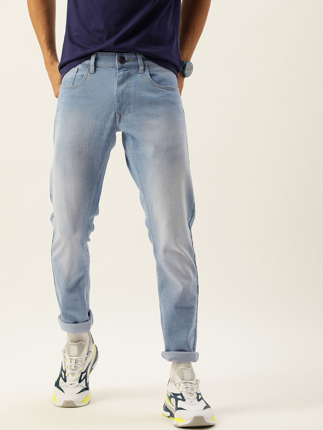 Buy SINGLE Men Blue Slim Fit Heavy Fade Stretchable Jeans - Jeans for ...