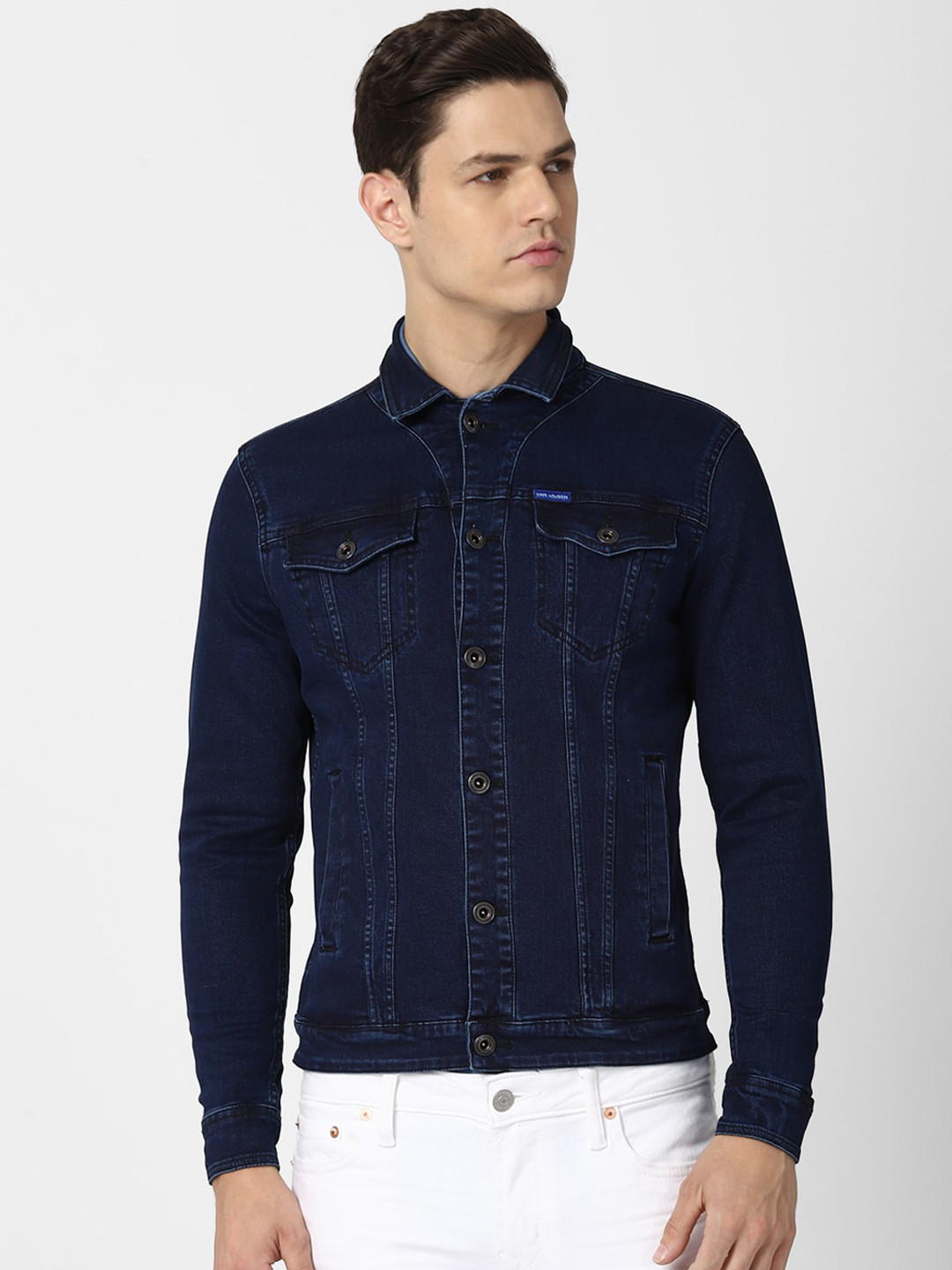 Buy VAN HEUSEN DENIM LABS Men Navy Blue Washed Crop Denim Jacket ...
