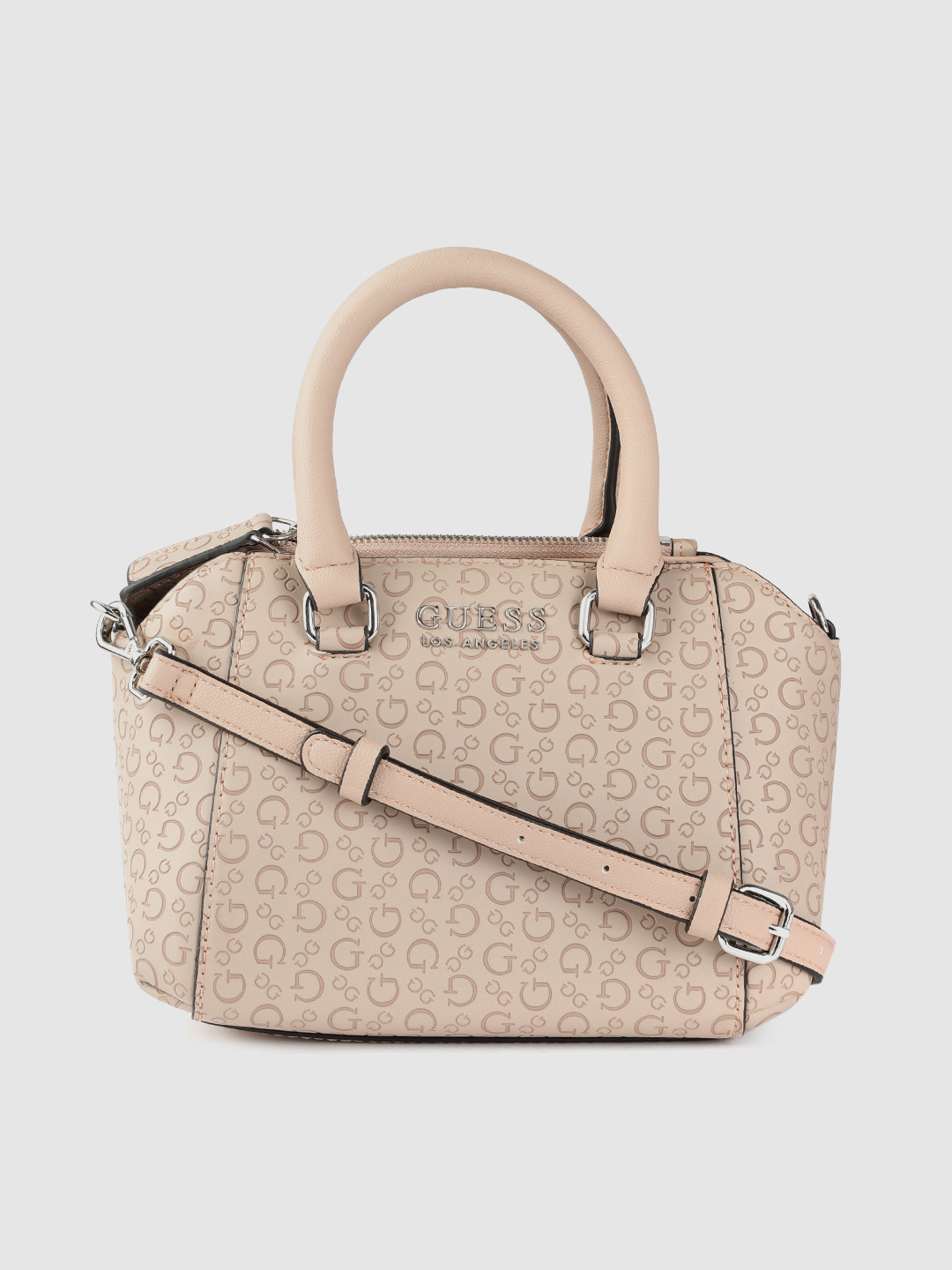 Buy GUESS Women Beige Brand Logo Textured Structured Handheld Bag ...