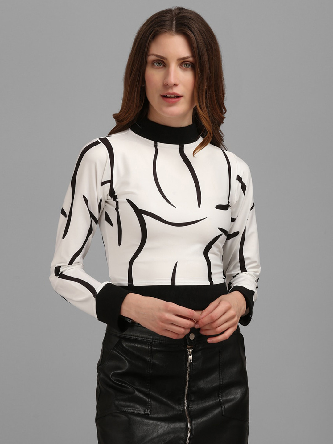 Buy PURVAJA Women White Animal Print High Neck Long Sleeve Crop Top ...