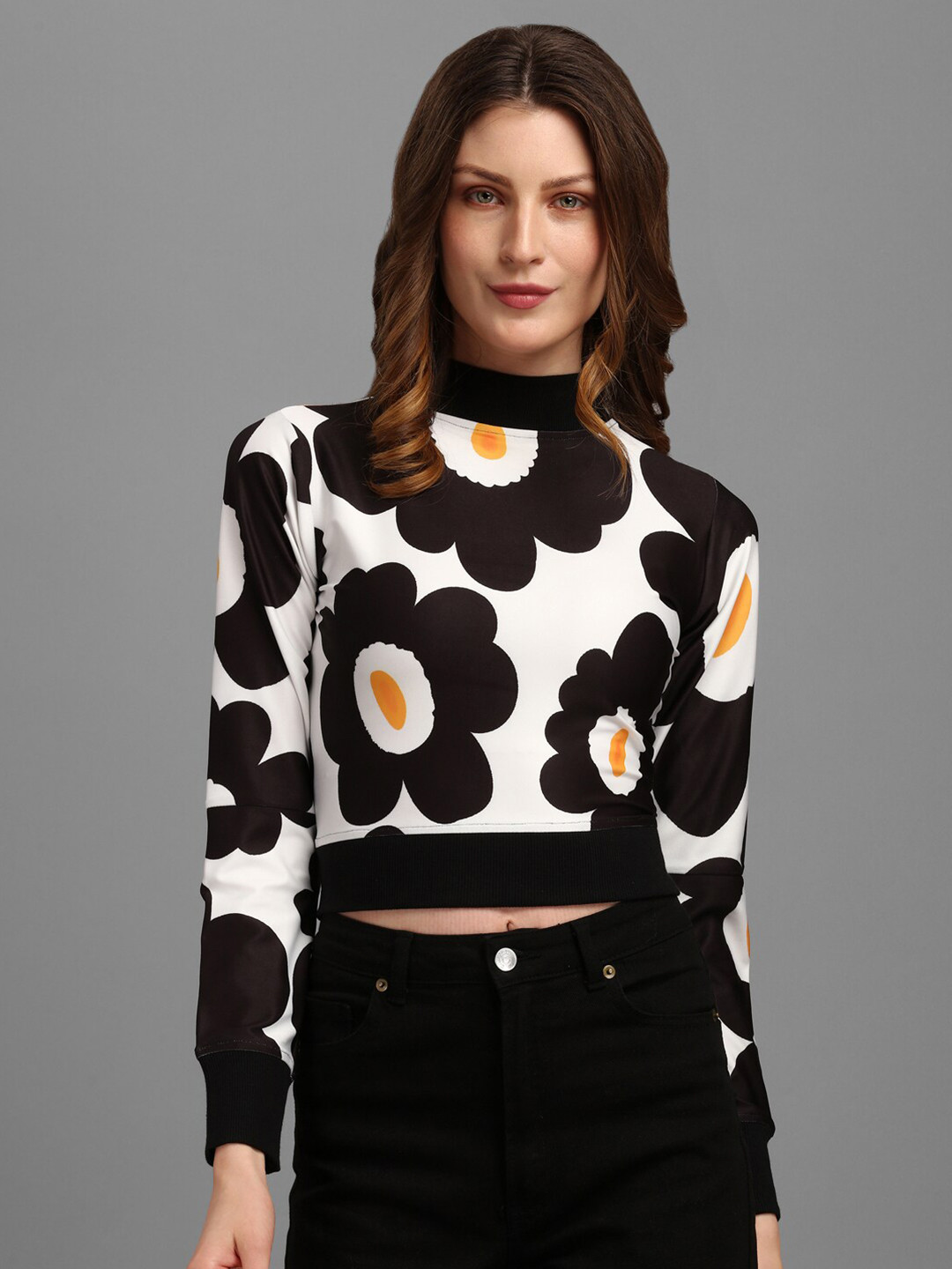 Buy PURVAJA Women White Floral Print High Neck Long Sleeve Formal Crop ...