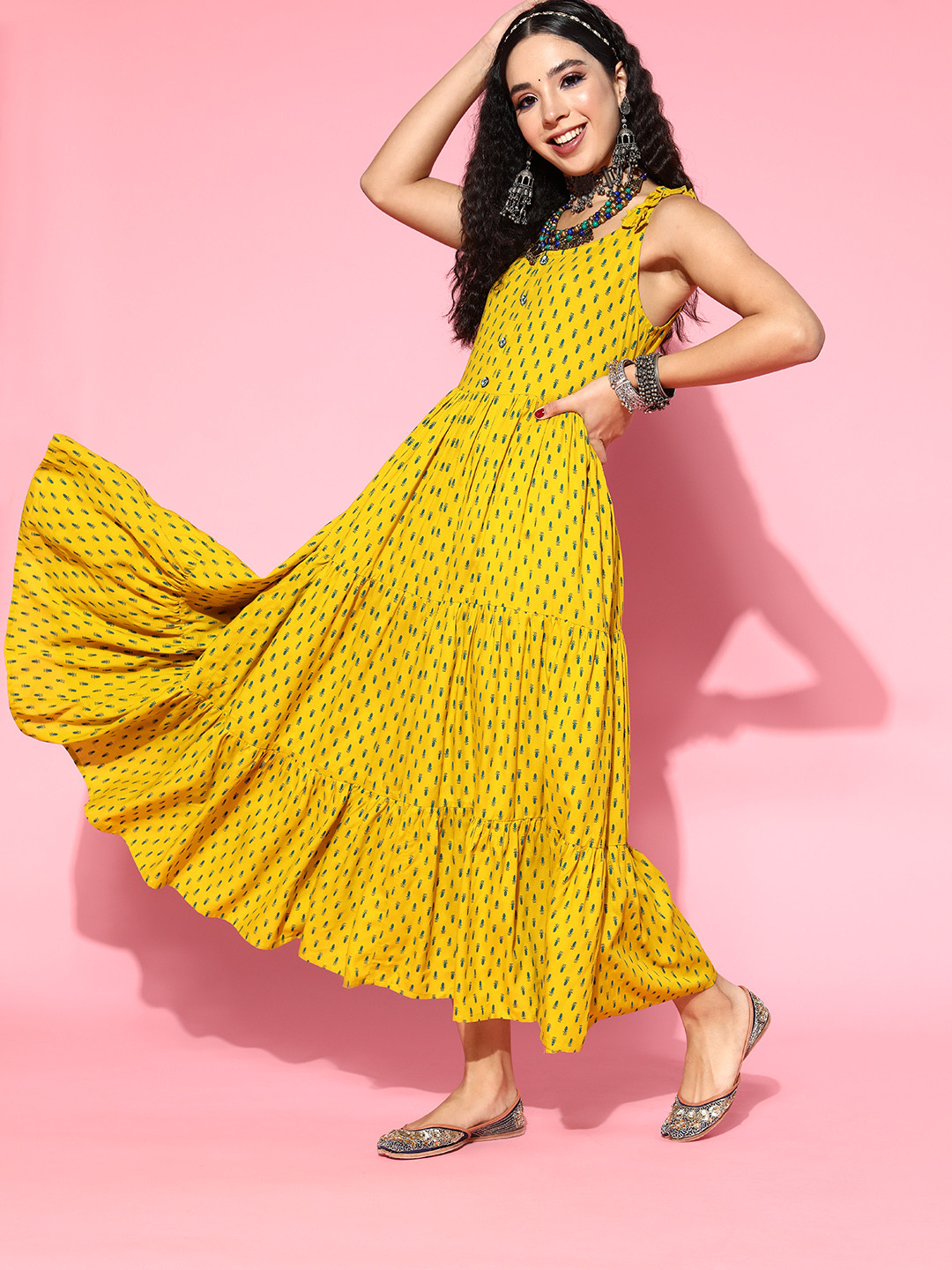 Buy Mokshi Women Bright Yellow Abstract Print Parade Dress - Ethnic ...