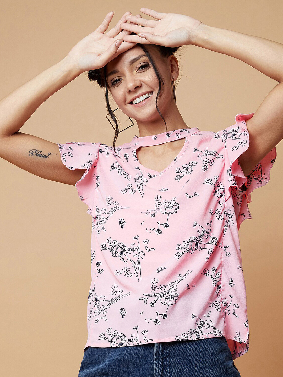 Buy CHIMPAAANZEE Pink Floral Print Choker Neck Top - Tops for Women ...