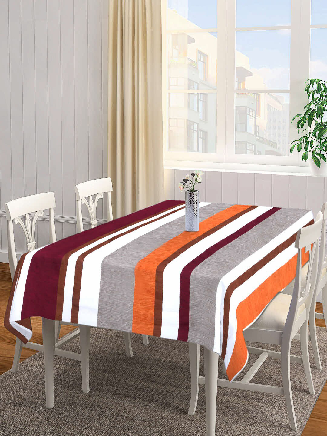 Buy Arrabi Orange & Brown Striped 8 Seater Rectangular Table Cover ...
