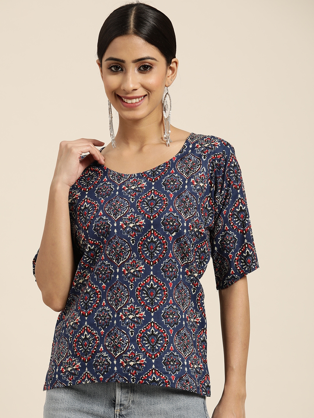 Buy Sangria Women Navy Blue And White Pure Cotton Ethnic Motifs Printed
