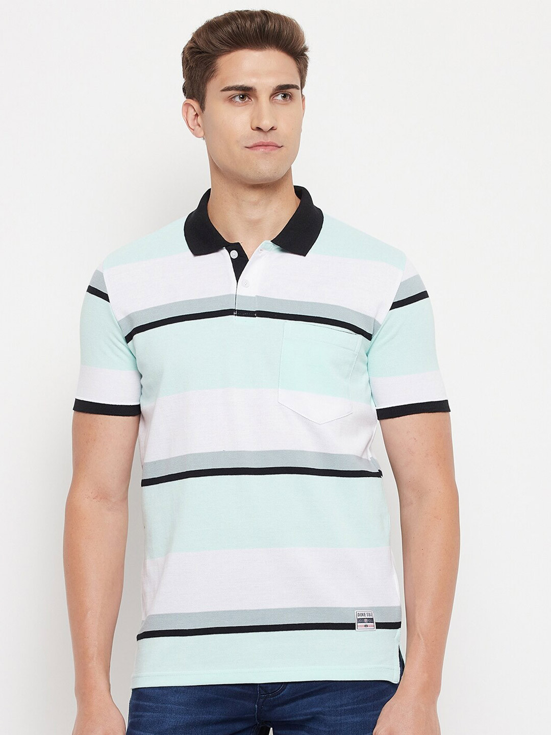 Buy Duke Men Turquoise Blue & White Striped Polo Collar Cotton T Shirt ...