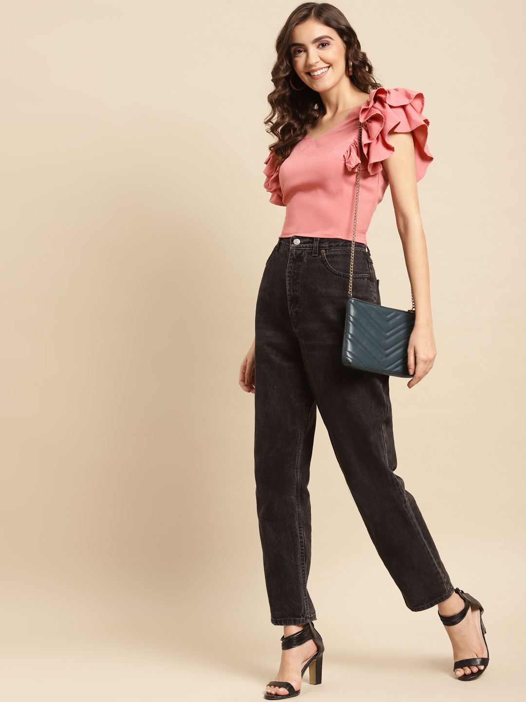 Buy WoowZerz Women Dusty Pink Solid Ruffles Crop Top - Tops for Women ...