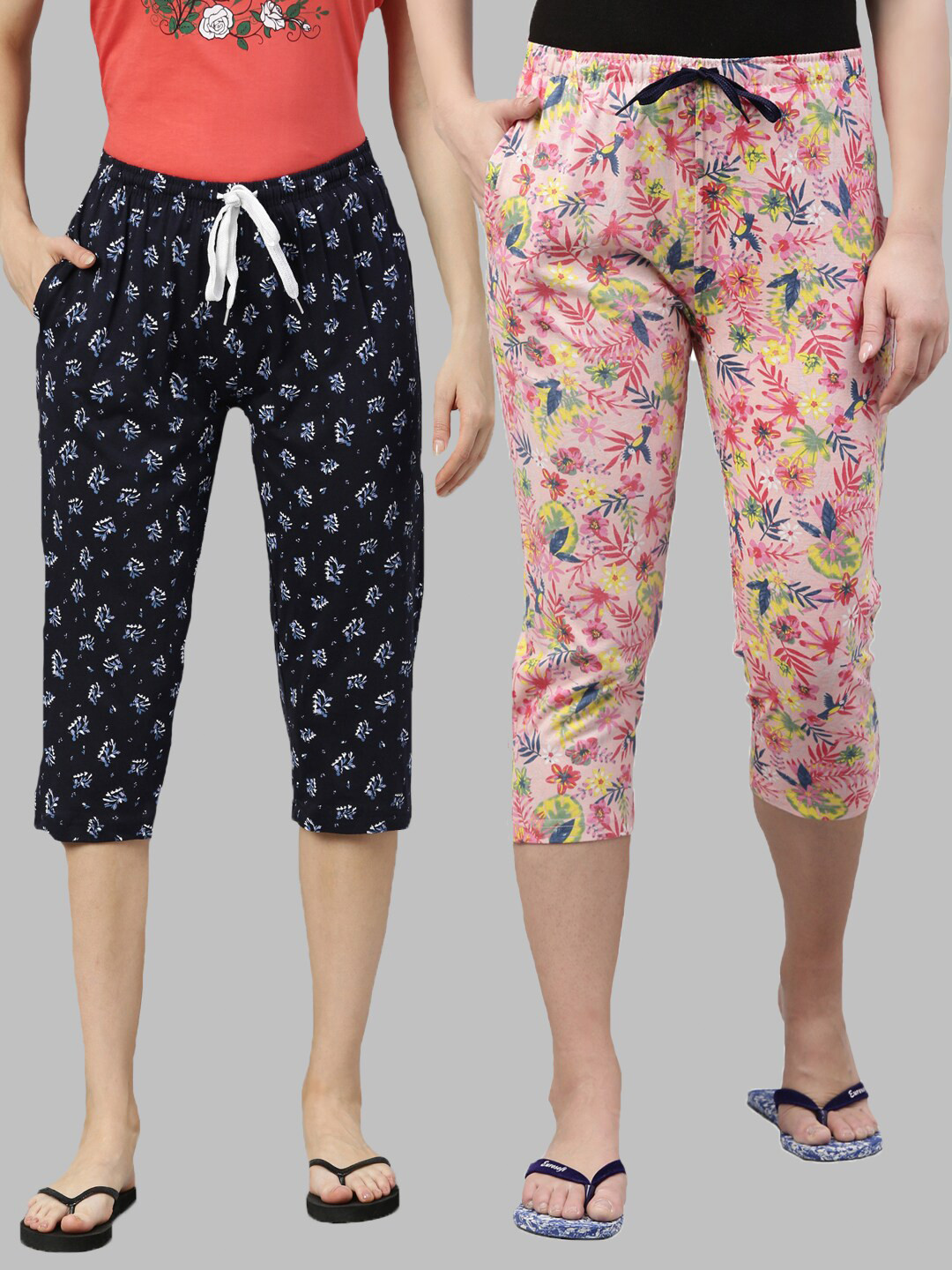 Buy Kryptic Women Navy Blue & Pink Pack Of 2 Printed Cotton Capris ...