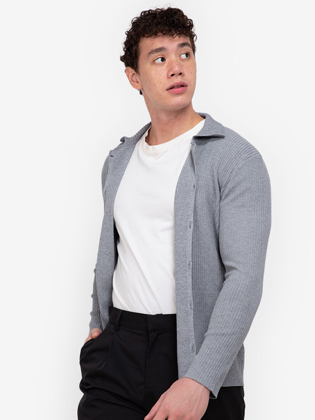 Buy ZALORA BASICS Men Grey Ribbed Lapel Collar Cardigan - Sweaters for ...