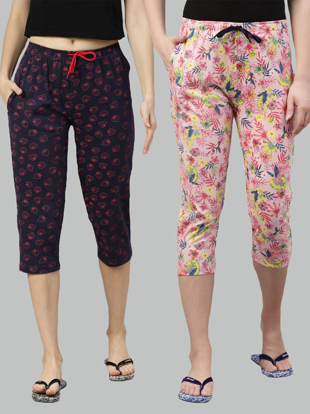 Buy Kryptic Women Navy Blue & White Set Of 2 Printed Cotton Capris ...