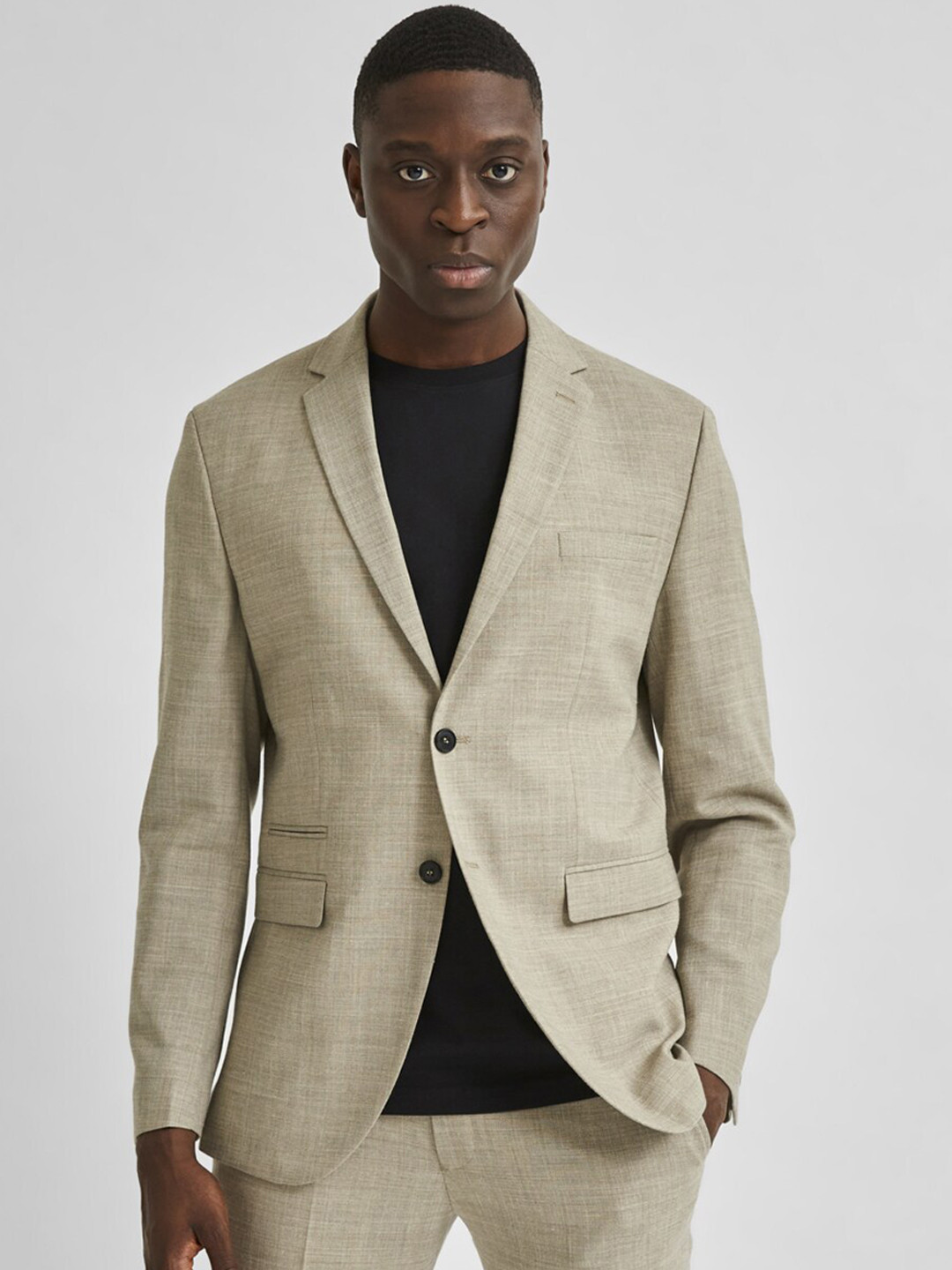 Buy SELECTED Men Beige Self Design Single Breasted Slim Fit Formal ...