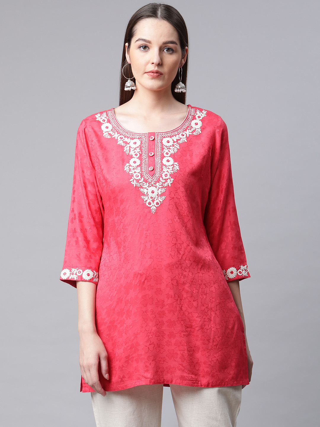 Buy AMIRAS INDIAN ETHNIC WEAR Pink Floral Yoke Design Thread Work Modal ...