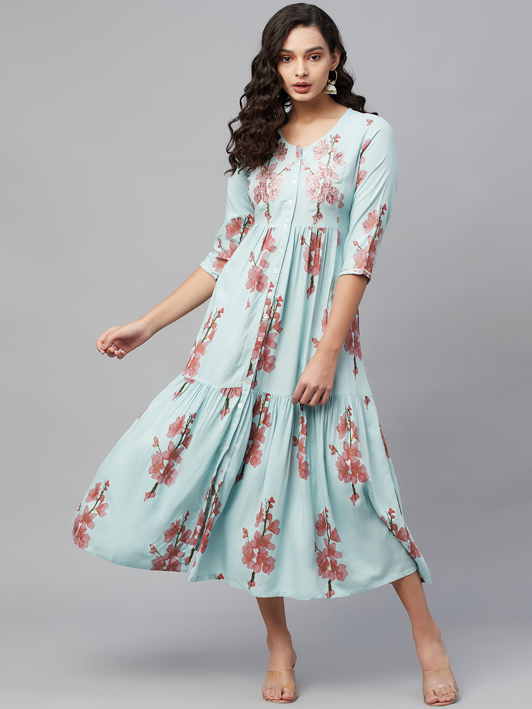 Buy AMIRAS INDIAN ETHNIC WEAR Turquoise Blue Floral Ethnic Midi Dress ...
