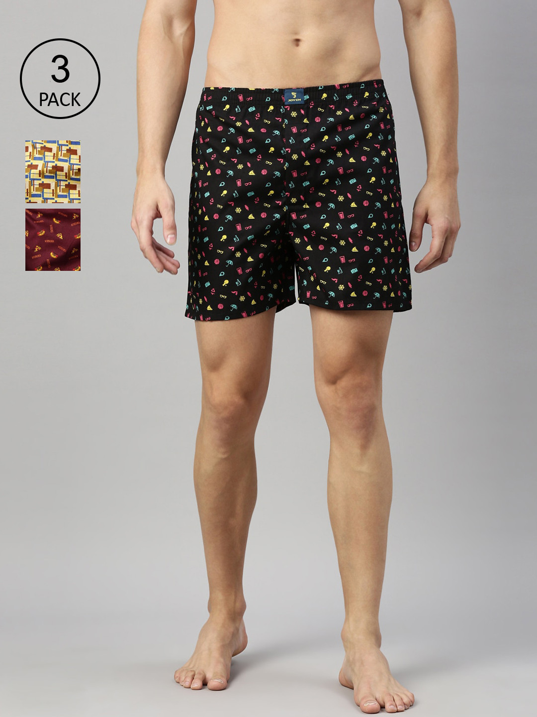 Buy Joven Men Pack Of 3 Printed Pure Cotton Boxers - Boxers for Men ...