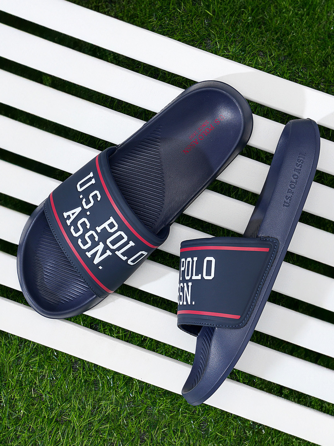 Buy U S Polo Assn Men Navy Blue & Red Printed Sliders - Flip Flops for ...