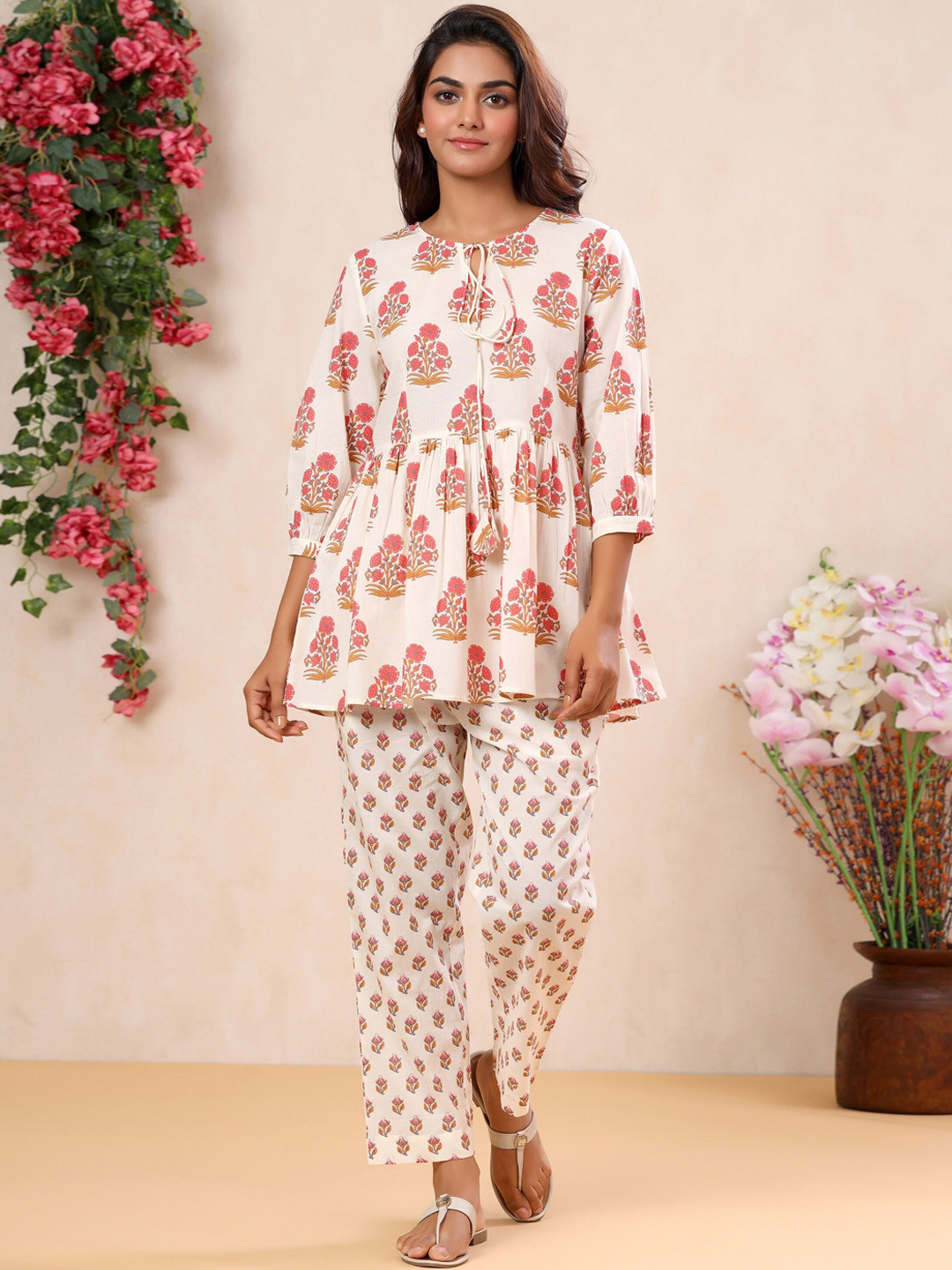 Buy Mirari White & Pink Printed Pure Cotton Peplum Top With Pant Set ...