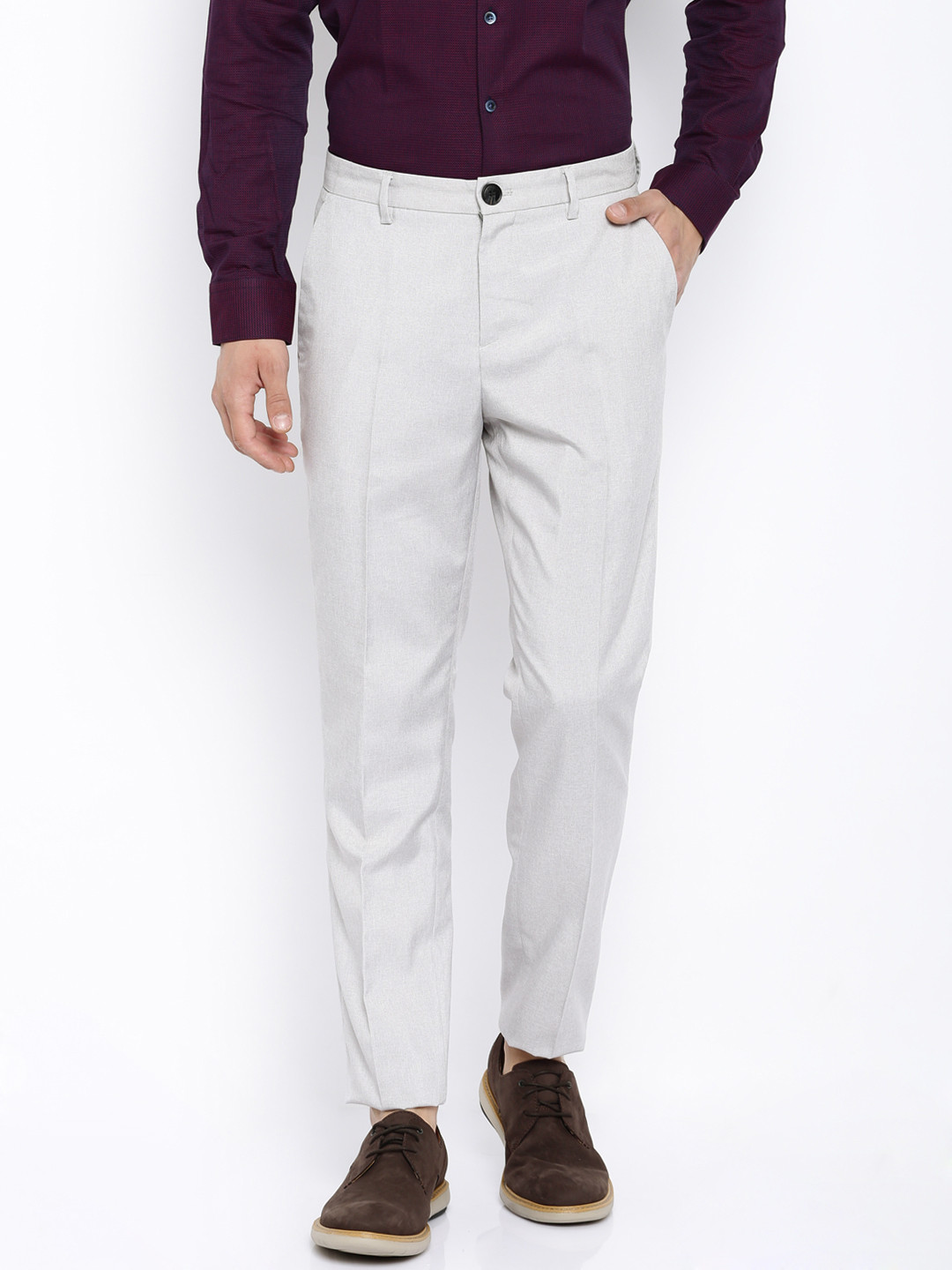 Buy Jack & Jones Men Grey Solid Casual Trousers - Trousers for Men ...