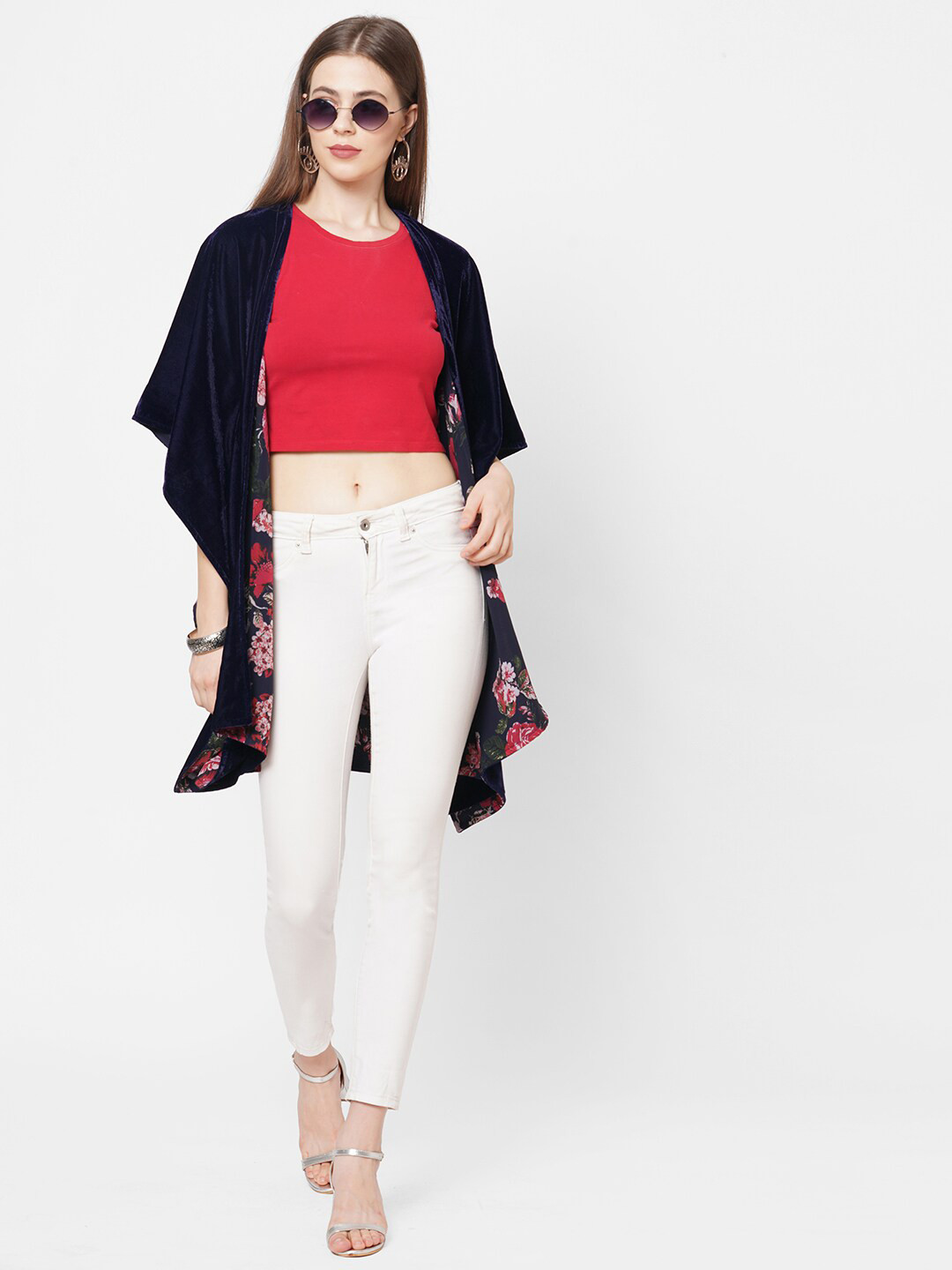 Buy Cloth Haus India Women Navy Blue & Pink Printed Party Shrug - Shrug ...