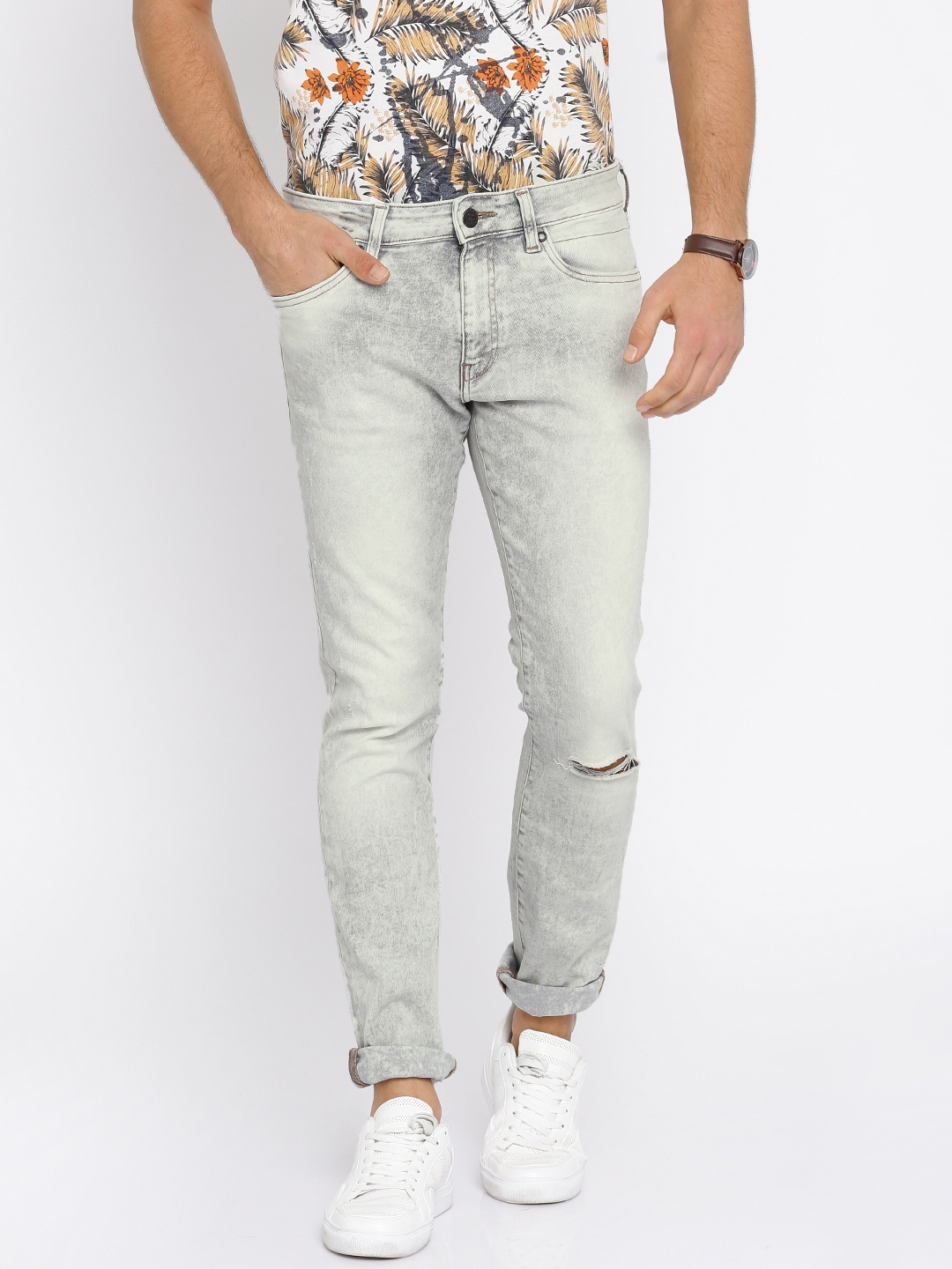 Buy Jack And Jones Men Grey Acid Washed Low Rise Slim Fit Stretchable Jeans Jeans For Men