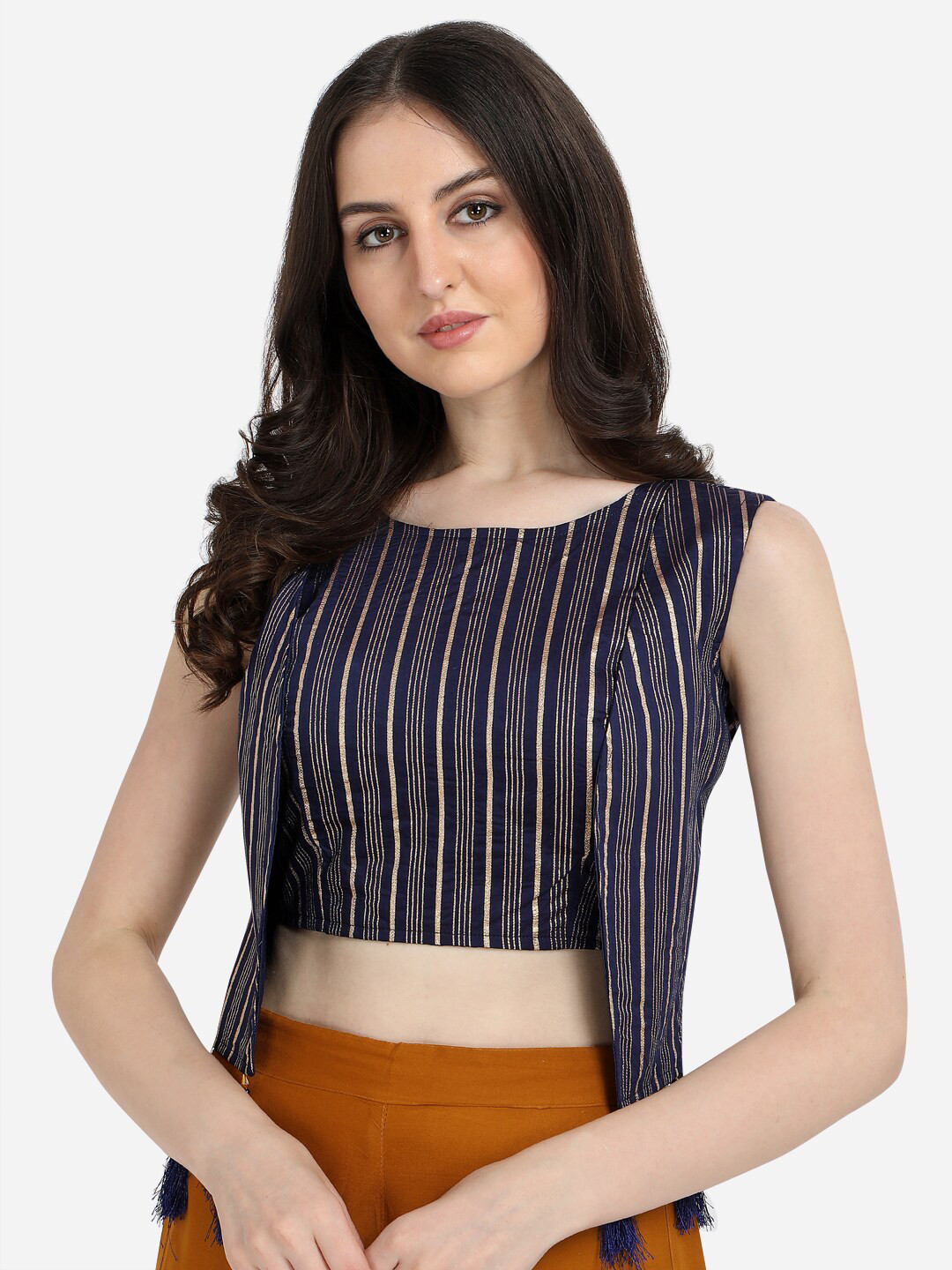 Buy Fab Dadu Women Navy Blue & Gold Woven Design Saree Blouse - Saree ...