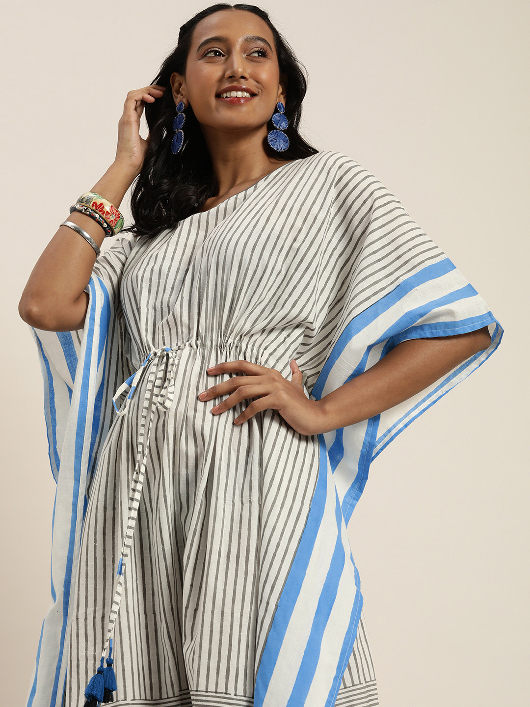 Buy Taavi Women White & Grey Handblock Striped Ethnic Pure Cotton ...