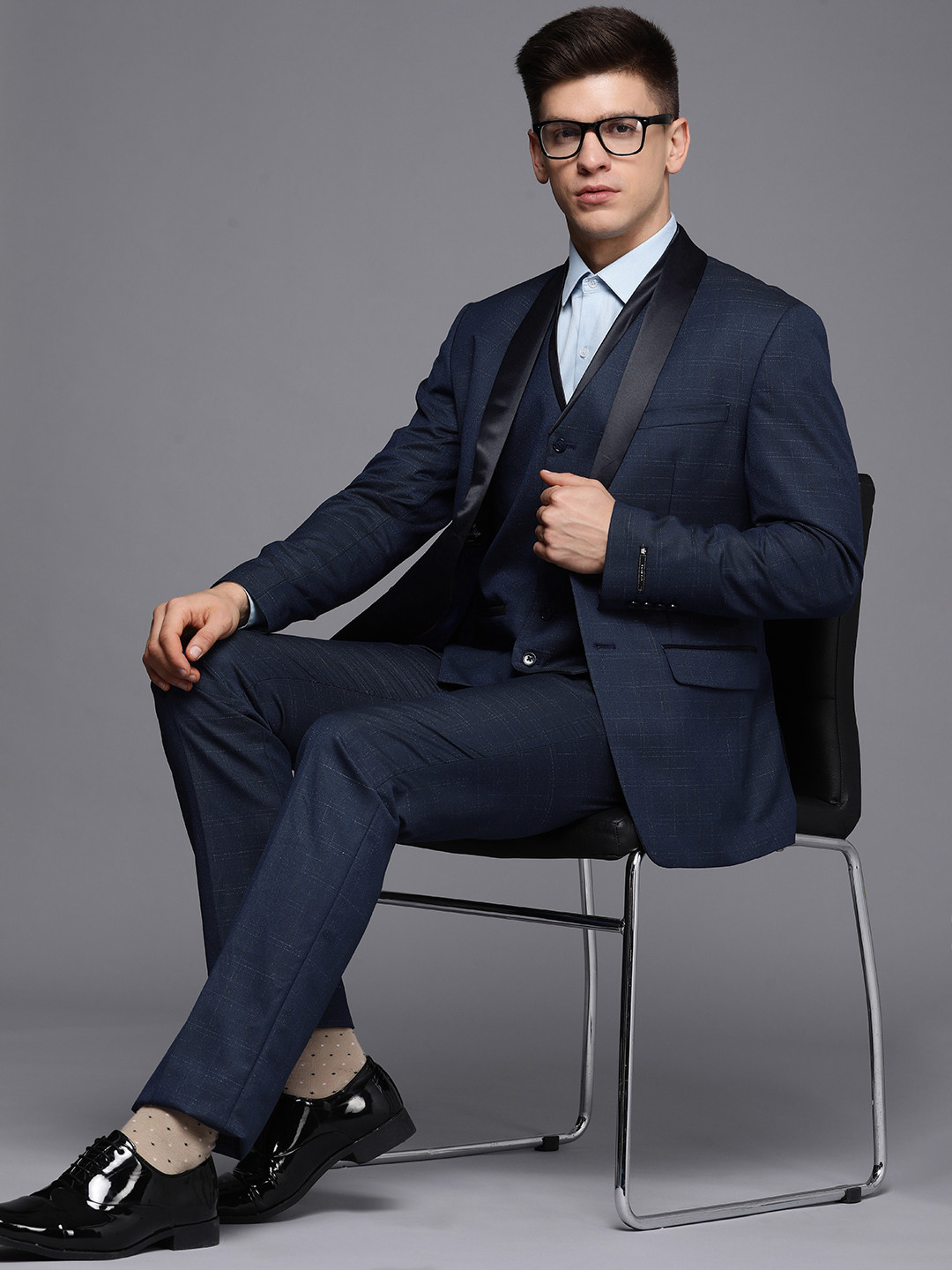 Buy Louis Philippe Men Navy Blue Checked Slim Fit Single Breasted Formal Three Piece Suit ...