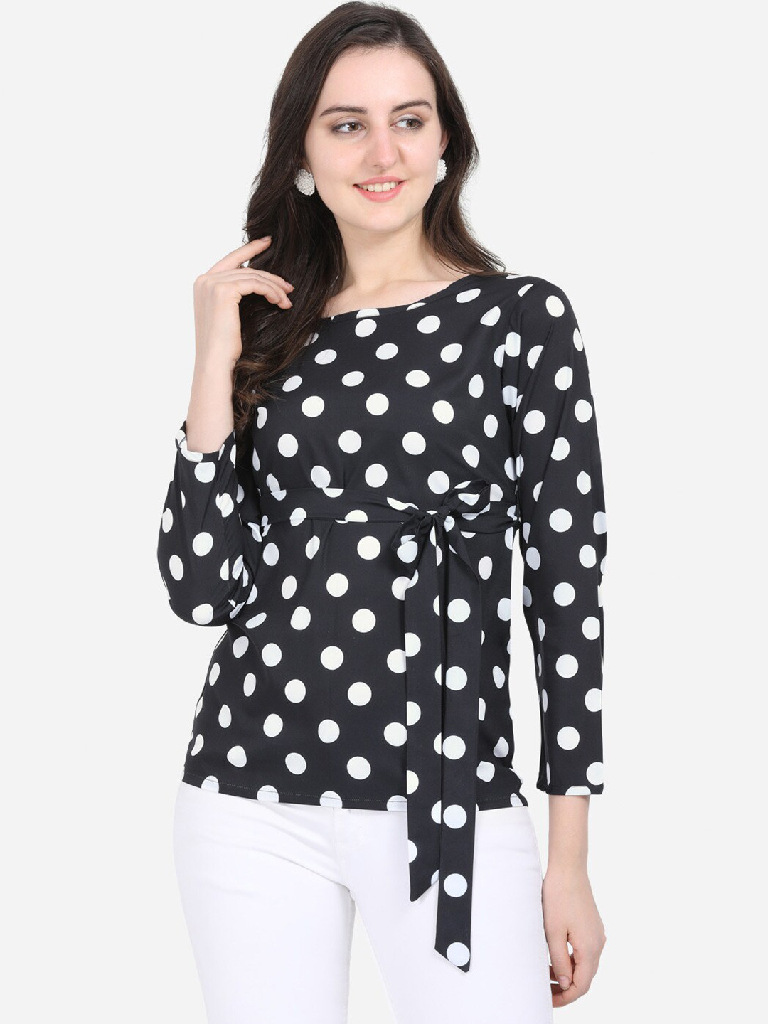 Buy Anaita Women Black & White Polka Dot Print Crepe Top - Tops for ...