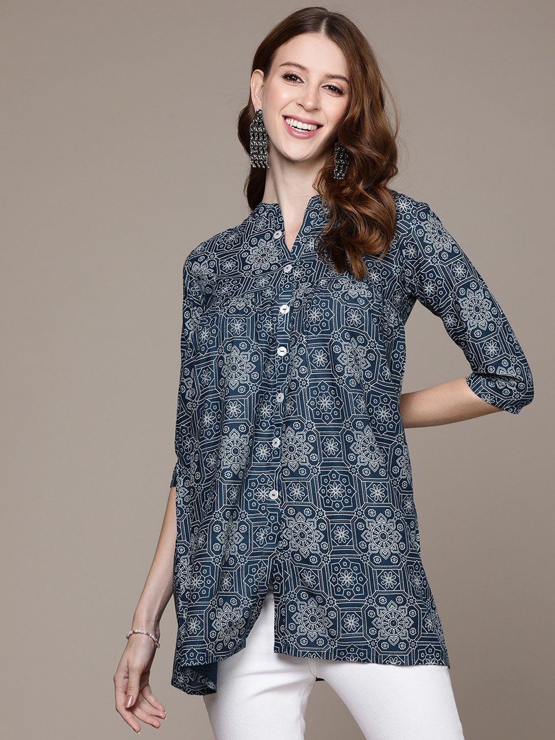 Buy Anubhutee Navy Blue And White Ethnic Motifs Printed A Line Kurti