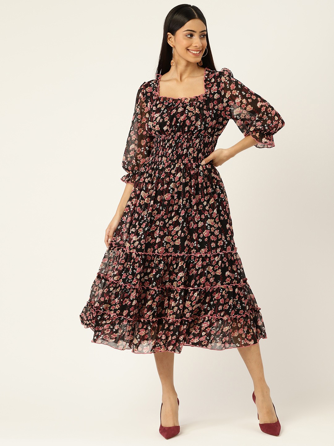 Buy Antheaa Women Black And Pink Floral Printed Tiered Chiffon A Line