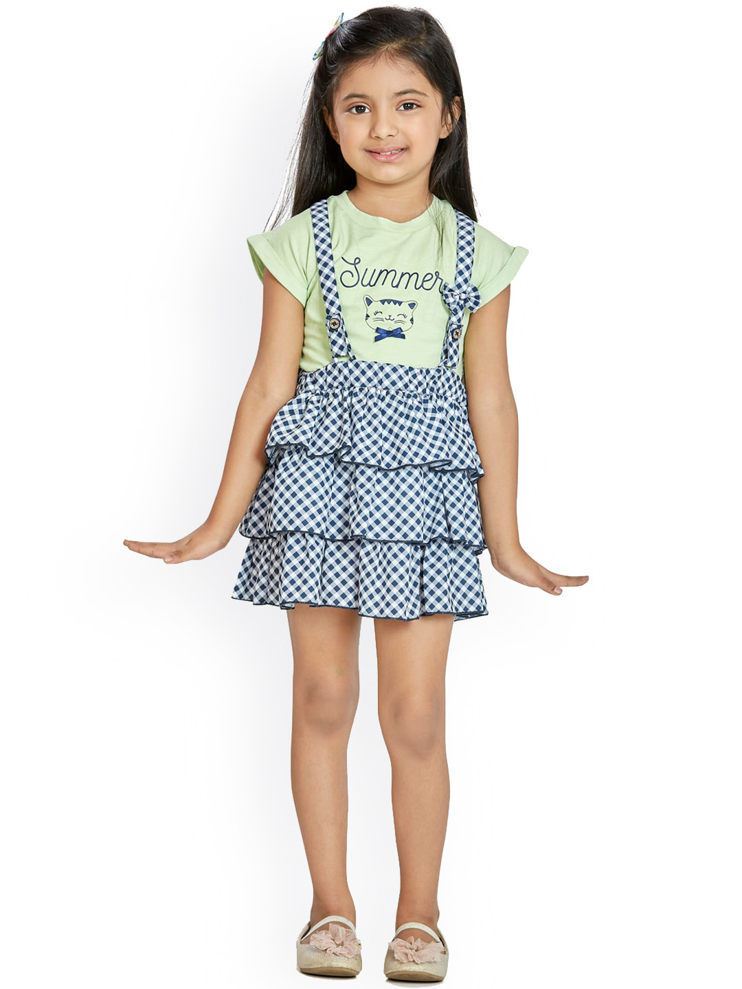 Buy Peppermint Girls Blue & Green Layered Pure Cotton Pinafore Dress ...