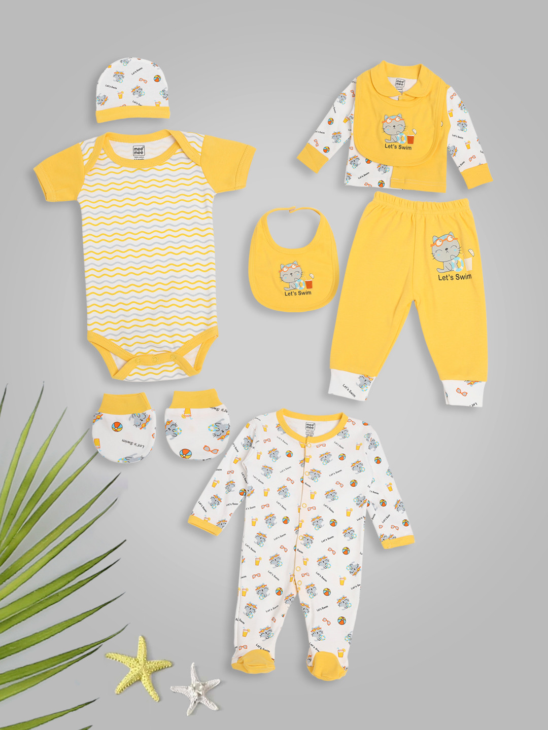 Buy MeeMee White & Yellow Printed Pure Cotton Baby Apparel Gift Set ...