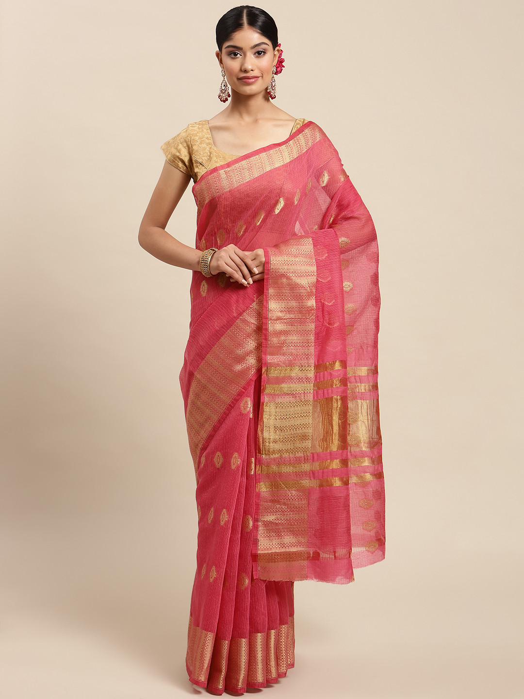 Buy SWADHA FASHIONS Pink & Gold Ethnic Motifs Zari Pure Cotton Saree ...