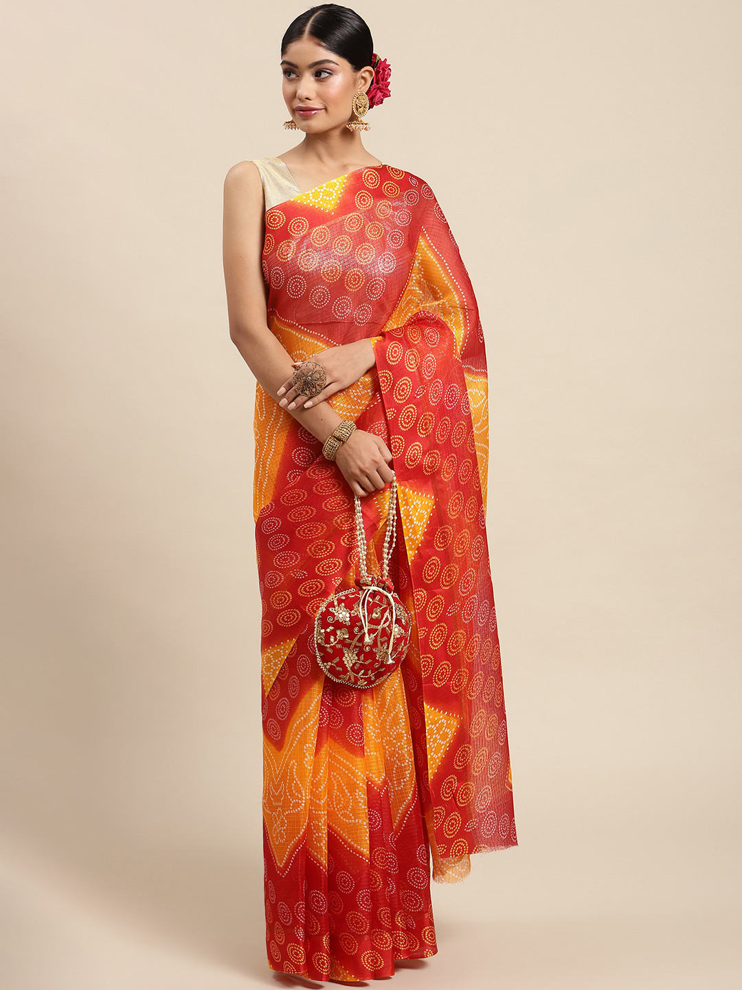 Buy SWADHA FASHIONS Yellow & Red Bandhani Print Saree - Sarees for ...