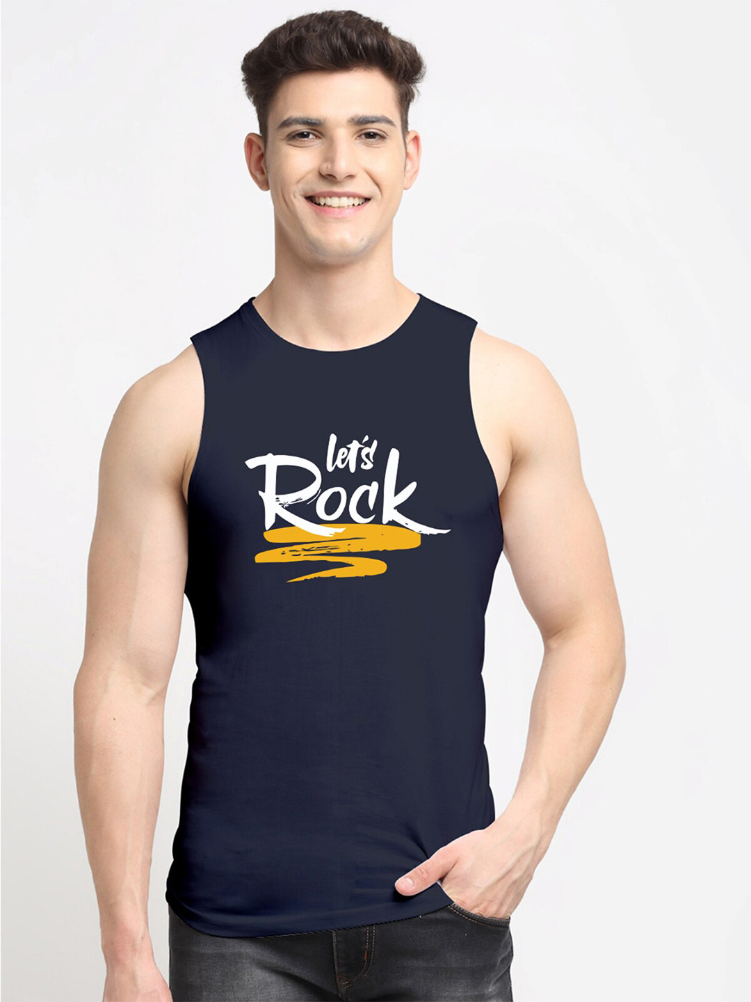 Buy Friskers Men Navy Blue & White Printed Pure Cotton Gym Vest ...