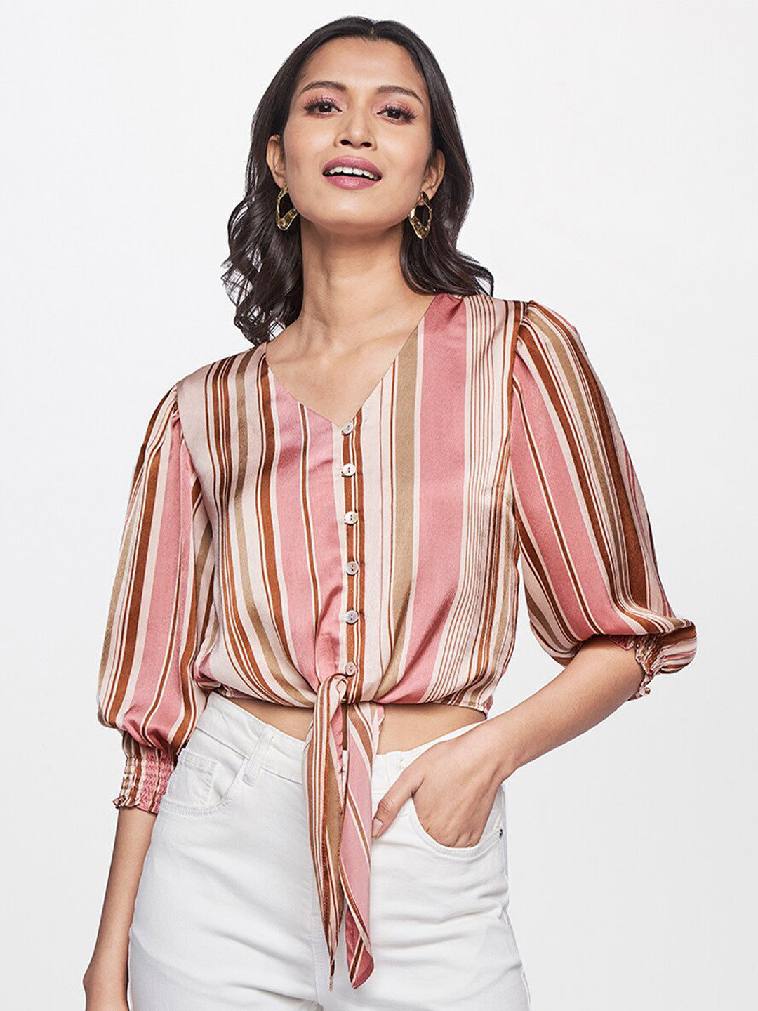 Buy AND Women Cream Coloured & Brown Striped Georgette Shirt Style Top ...