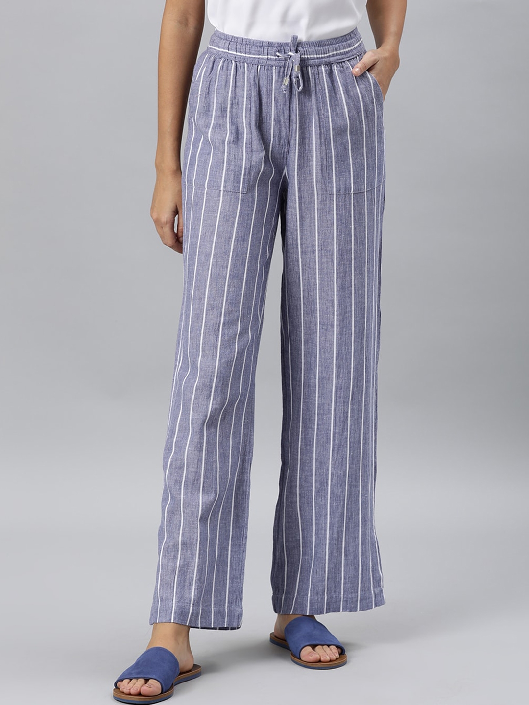 Buy RAREISM Women Blue Striped Straight Fit High Rise Trousers ... Buy RAREISM Women Blue Striped Straight Fit High Rise Trousers ...