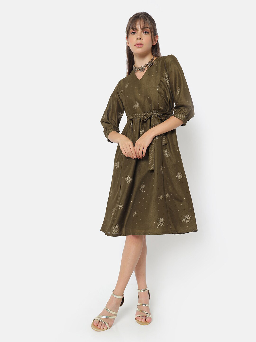 Buy Saaki Olive Green Floral Printed Gathered Dress - Ethnic Dresses ...