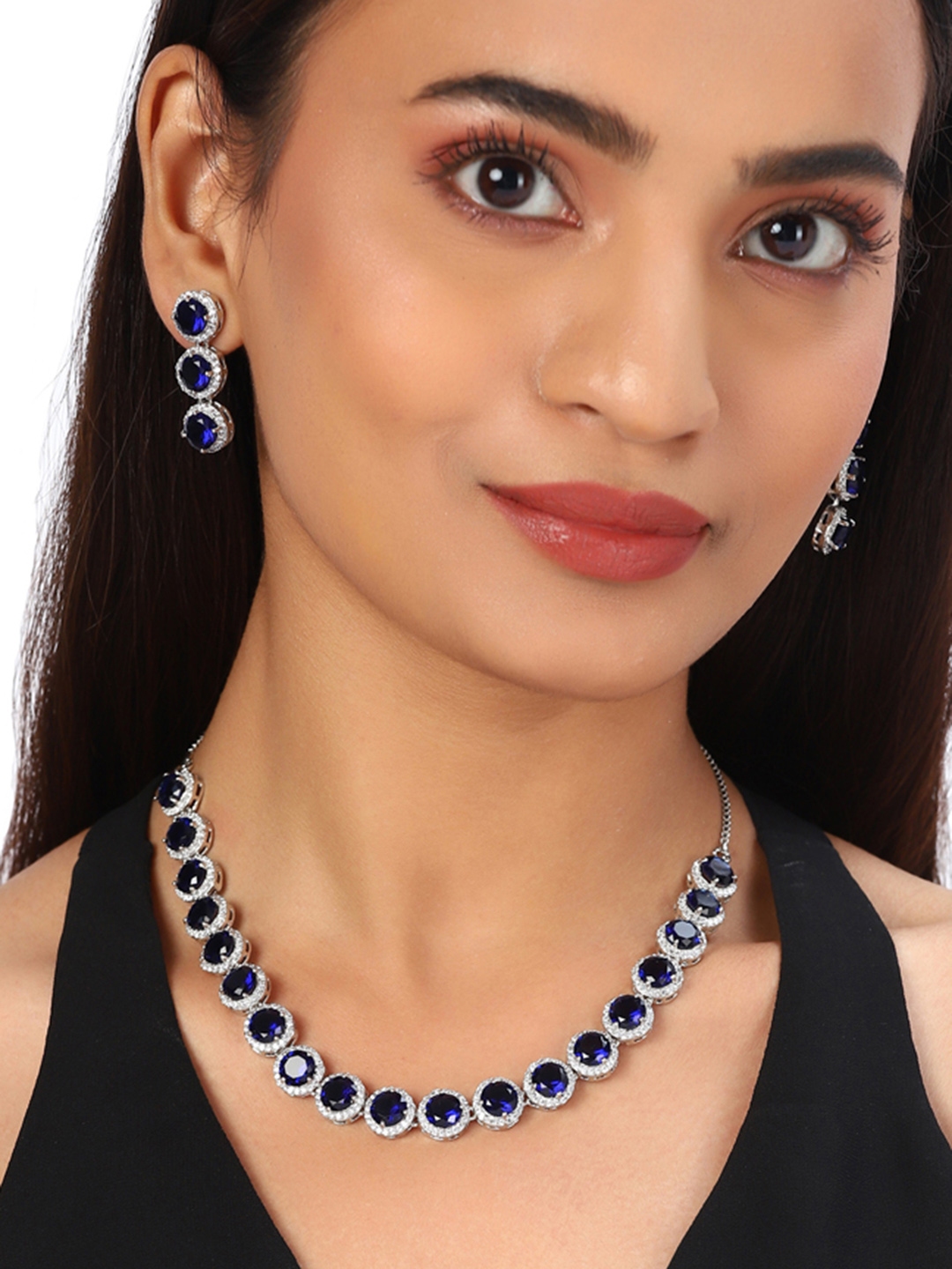 Buy Voylla Navy Blue Silver Plated American Diamond Cz Pearl Necklace