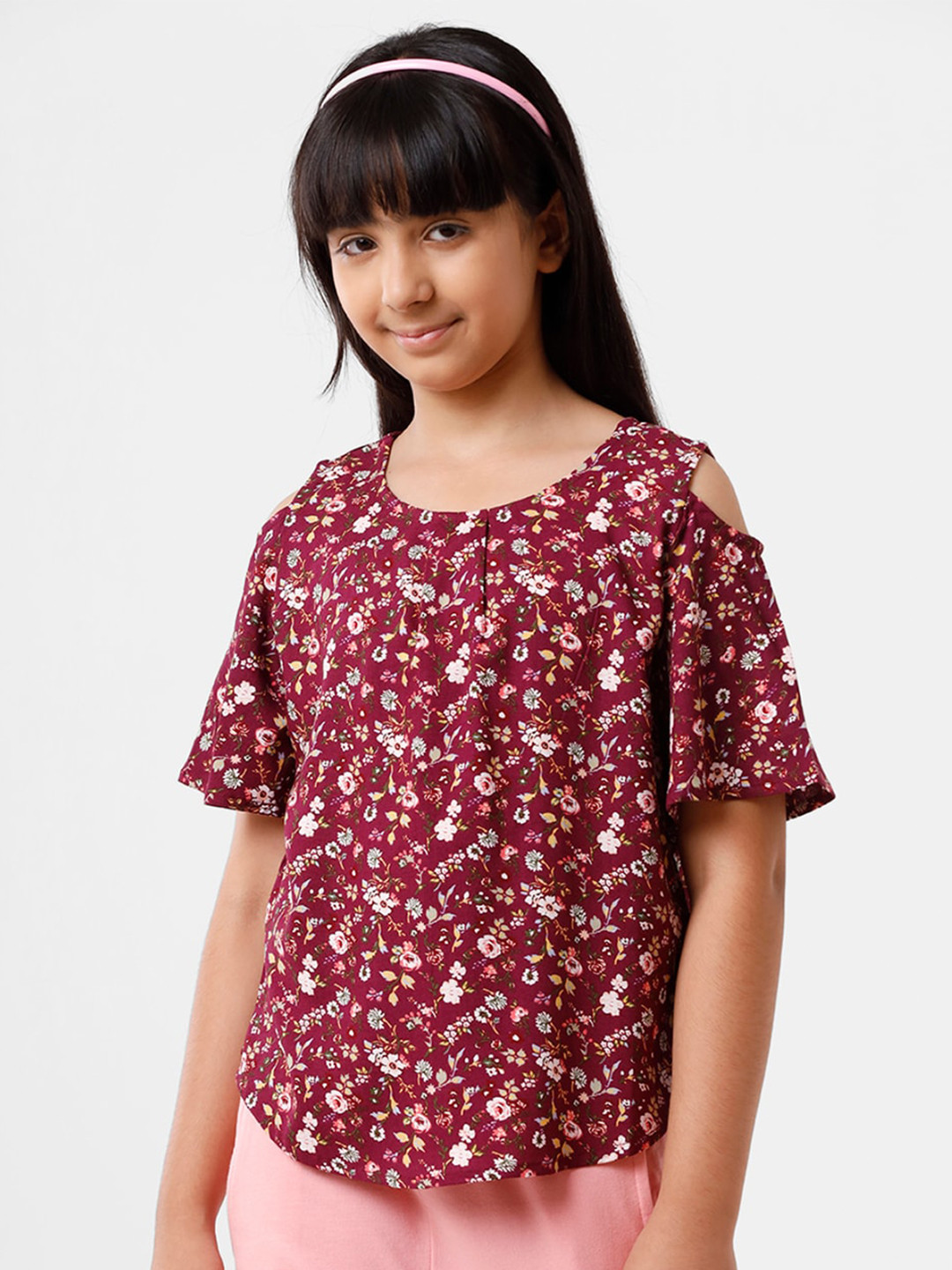 Buy De Moza Kids Girls Burgandy Floral Printed Top - Tops for Girls ...