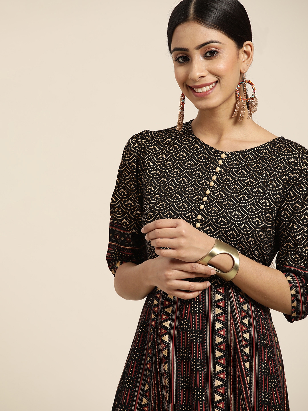 Buy Sangria Women Black & Beige Ethnic Motifs Ethnic Maxi Dress ...