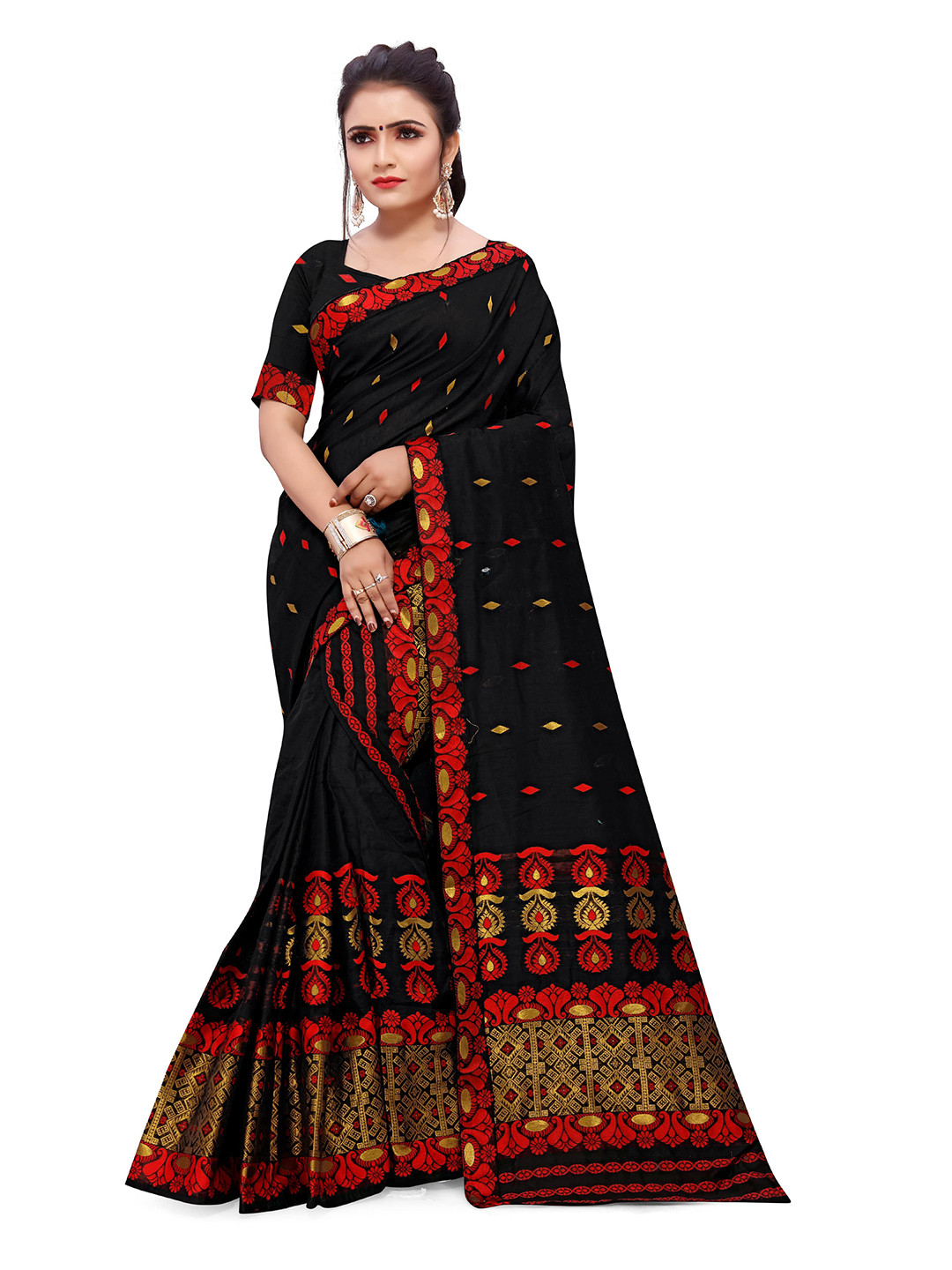 Buy Skirans Black & Red Woven Design Assamese Mekhla Chador Saree ...