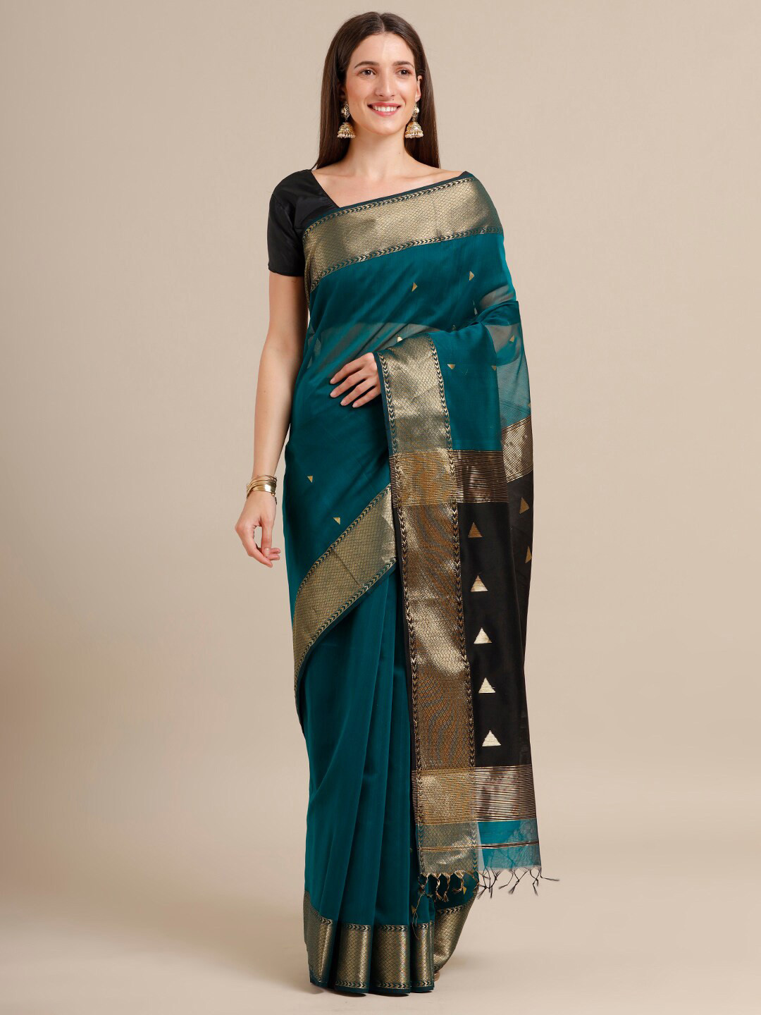 Buy SAMITTE Turquoise Blue & Black Zari Silk Cotton Maheshwari Saree ...