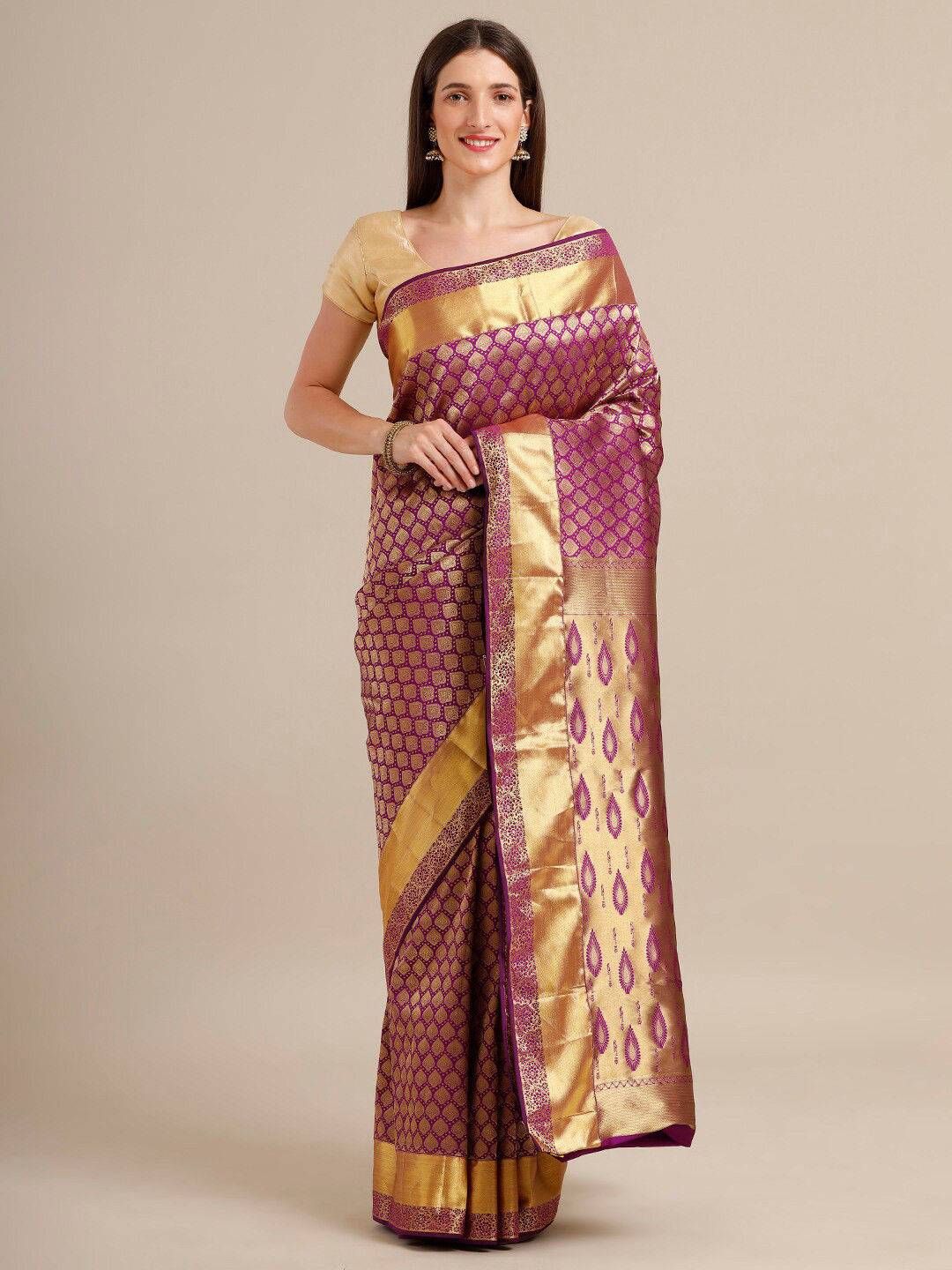 Buy SAMITTE Magenta & Gold Toned Woven Design Silk Blend Kanjeevaram ...