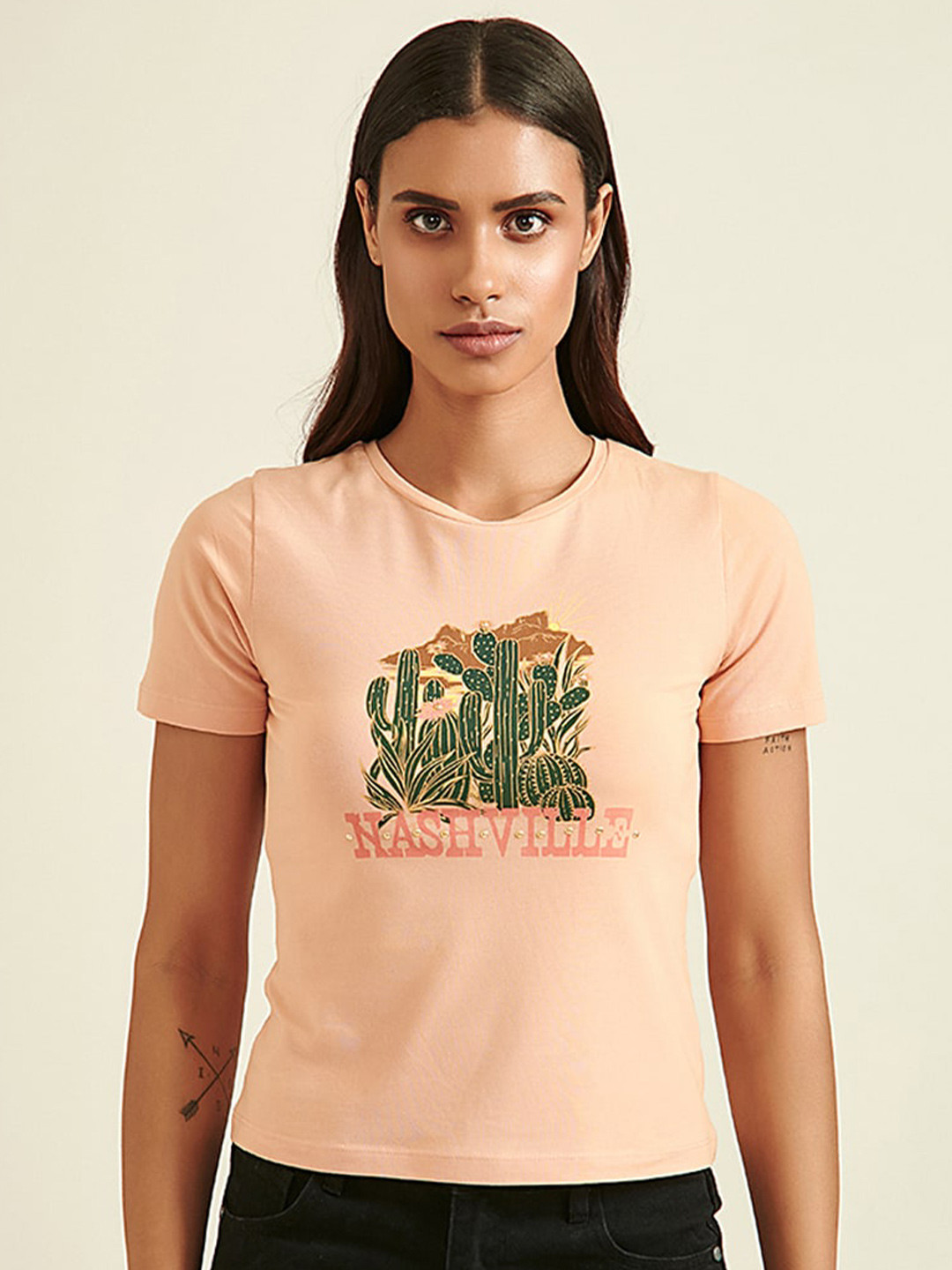 Buy COVER STORY Women Peach Coloured Typography Printed T Shirt ...