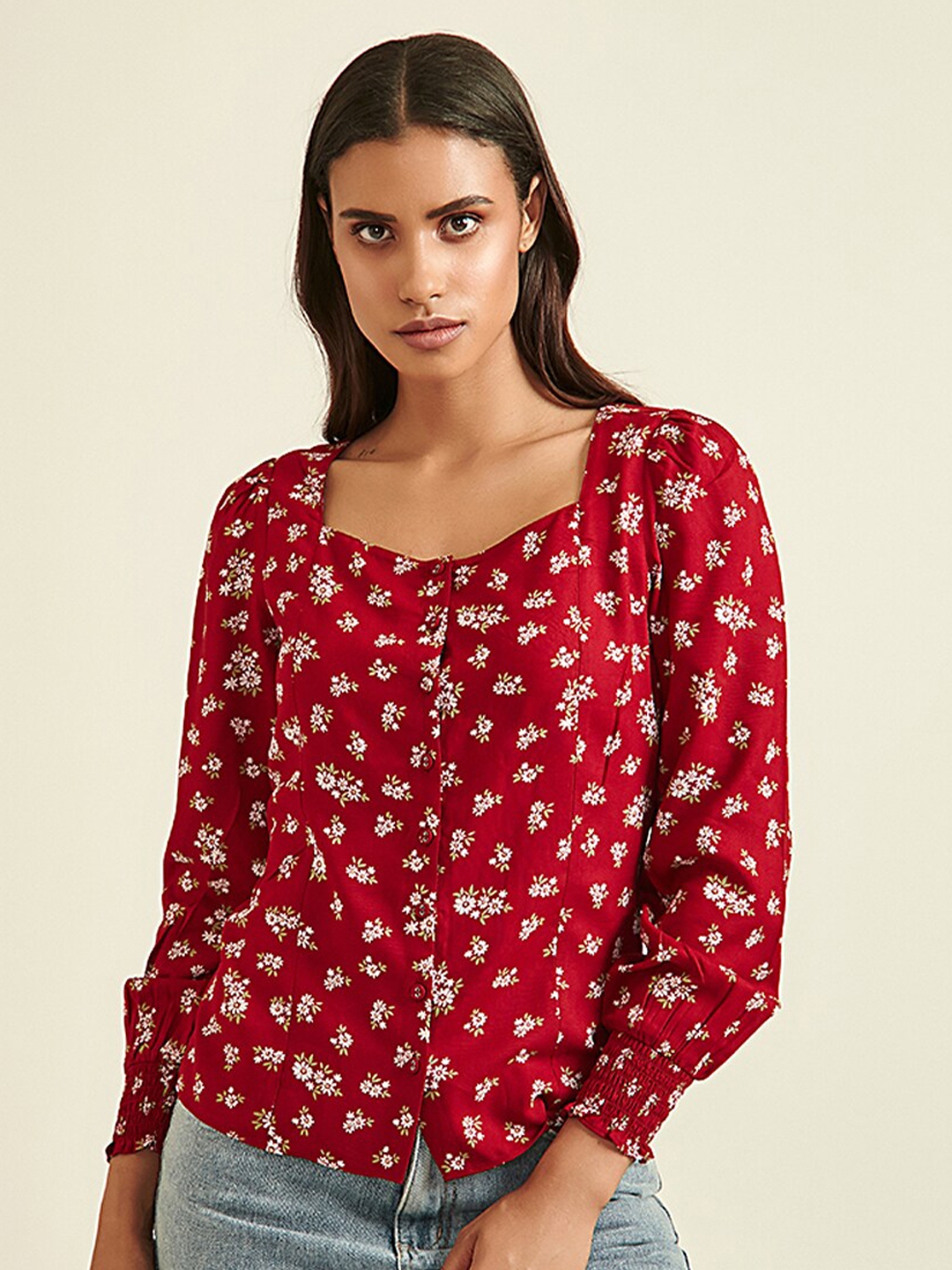 Buy Cover Story Red Floral Print Sweetheart Neck Blouson Top Tops For